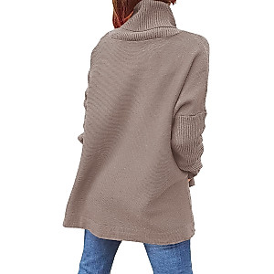 ANRABESS Women's Oversized Turtleneck Batwing Sleeve Spilt Casual Loose Knit Tunic Pullover Sweater Tops 2025 Fall Outfits Brown Small