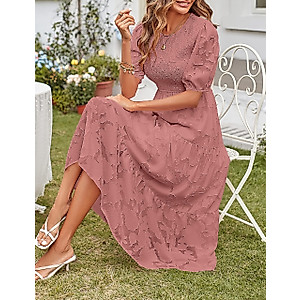 MEROKEETY Women's 2025 Summer Cute Bubble Sleeve Shirred Bohemian Dress Flowy Pleated Midi Long Dresses,Tearose,L