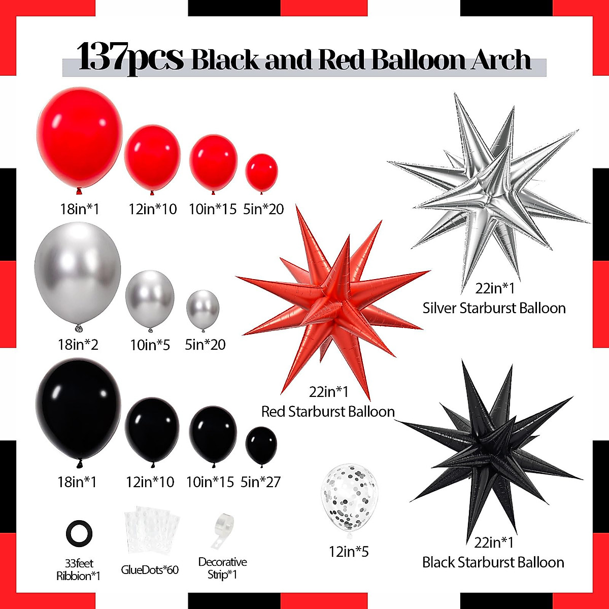 Red and Black Balloon Arch Kit with 3pcs Star Balloons, Red Black and Metallic Silver Balloons Garland Kit for Birthday Prom Red Black Graduation 2024 Party Decorations