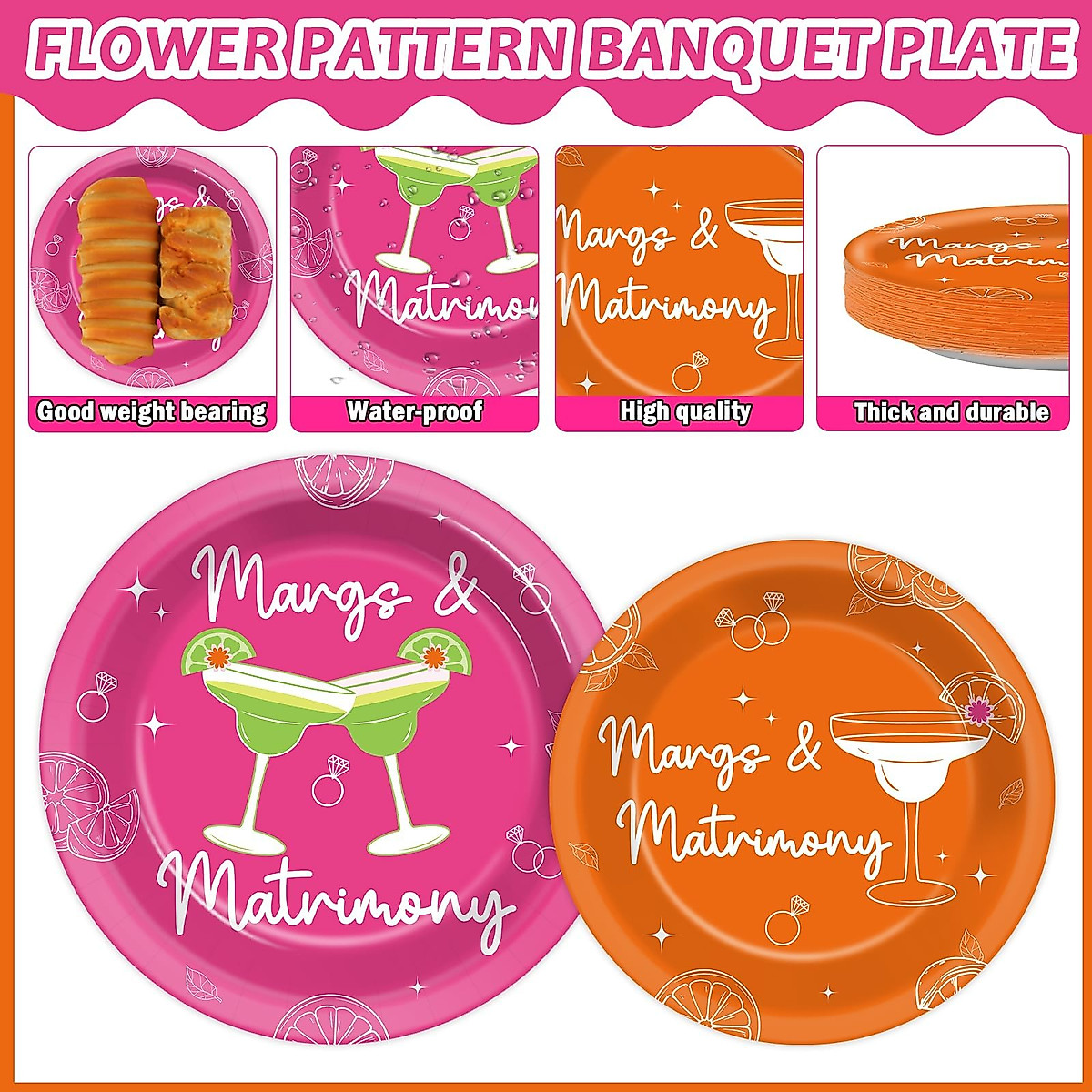 96pcs Margs & Matrimony Bachelorette Party Decorations Margs Plates Napkins Party Supplies Margarita Tableware Dinnerware for Birthday Bridal Shower Wedding Mexican Fiesta Favors for 24 Guests