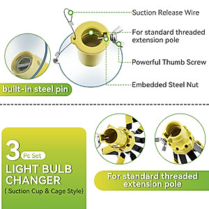 Dreyoo 3 Piece Set Light Bulb Changer, Standard Incandescent Bulb, Floodlight Bulb Changer and Suction Cup Light Bulb Changer Compatible with Standard Threaded Extension Pole (Pole Not Included)