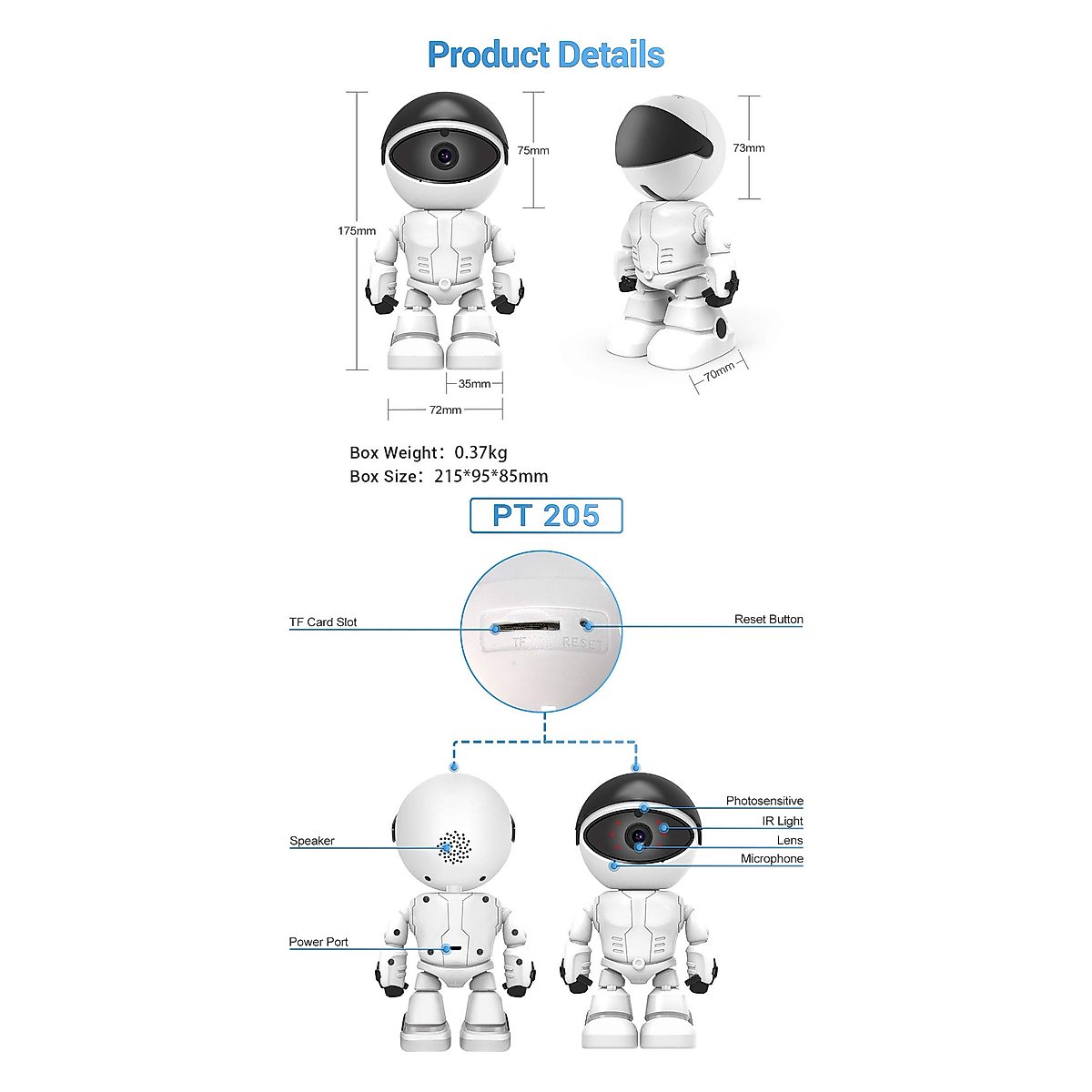 2MP 1080P HD 2.8MM Lens Security Robot Camera WiFi Wireless IR 10M Motion Detection Auto Tracking Built-in Microphone AI Humanoid Detection PTZ IP Camera Day/Night Vision
