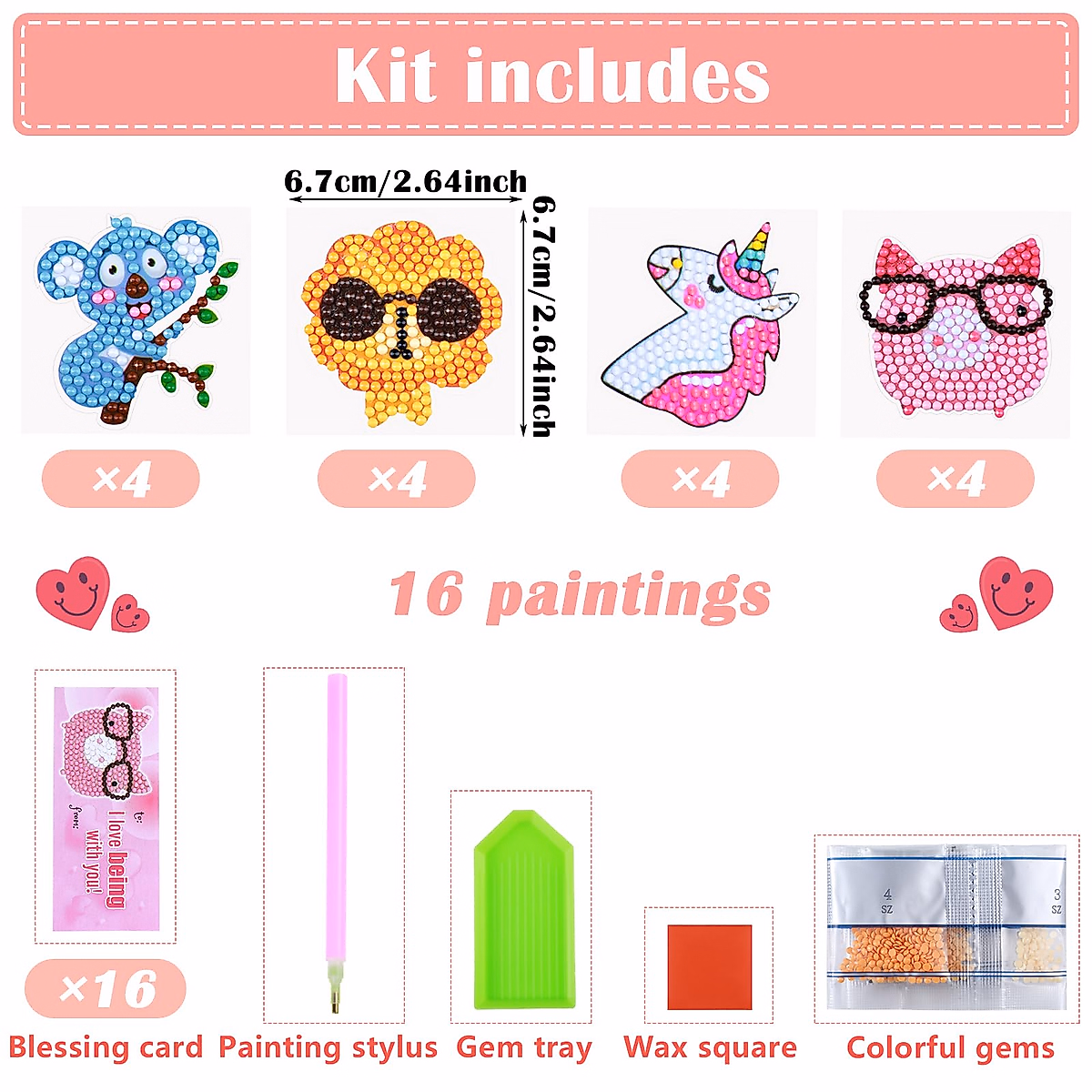 Marspark 16 Pieces Kids Valentine's Day Cards Painting Kits 5D DIY Beginner Animal Painting Stickers for Girls Boys School Classroom Exchange Gifts Craft Activity Party Favors, 4 Styles