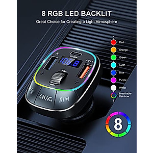 RIWUSI Bluetooth Car Adapter, [PD 30W+QC 3.0] [Stronger Dual Mic & Bass Boost] Bluetooth 5.0 FM Transmitter for Car, Hands-Free Music Player/Car Kit with Stunning 8 Colors Backlit & U Disk