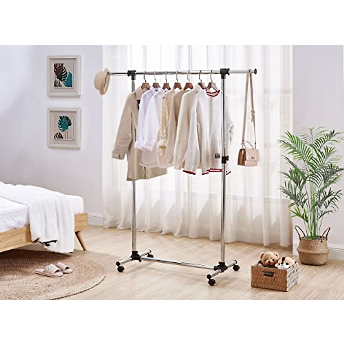 LiaMeE Freestanding Rolling Adjustable Clothes Rack for Wardrobe with Single Bar, Laundry Room Organization Shelves, Vertical Hanging Rack for Commercial Displaying, L44.9 x W20.1 x H63 in