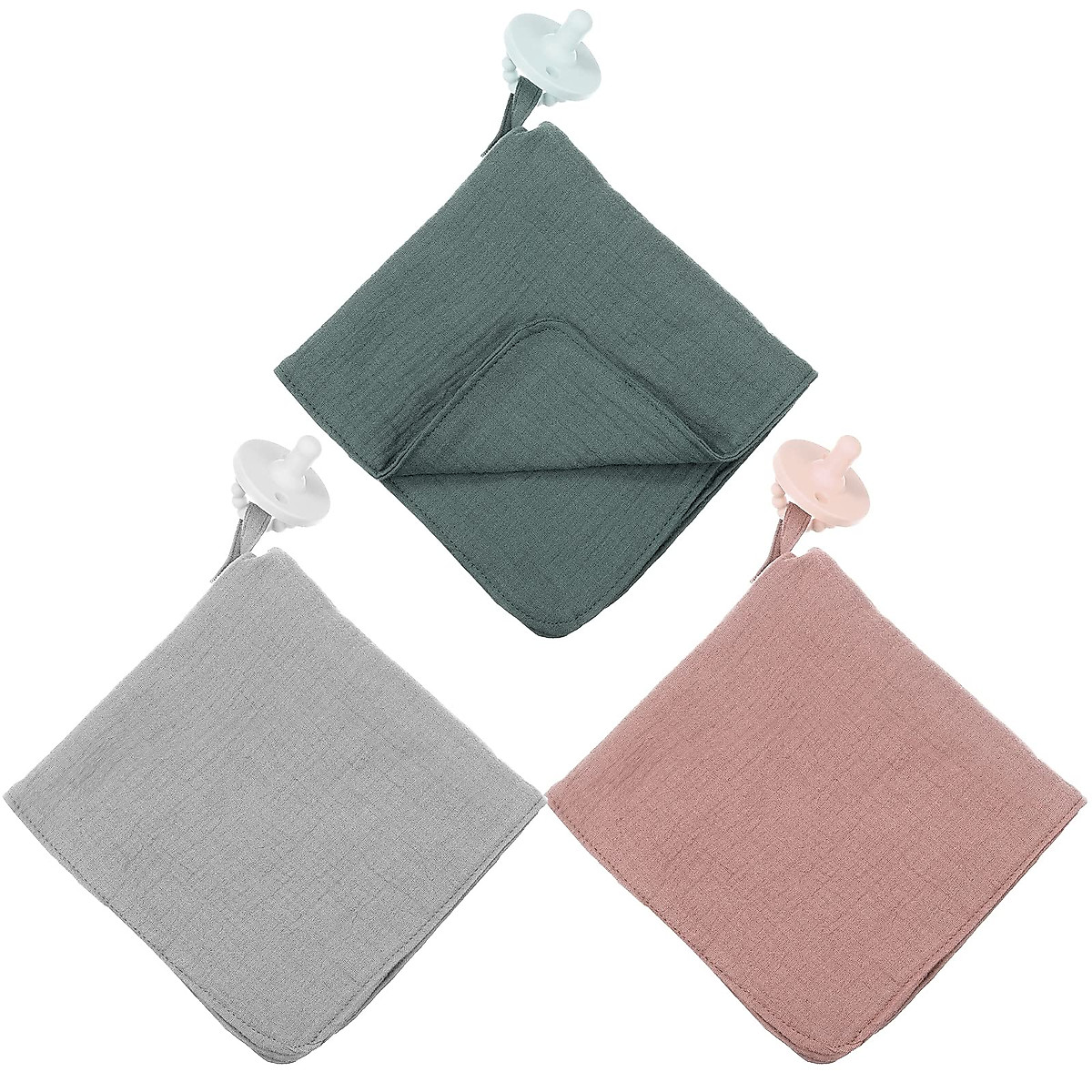 3 Pieces Organic Cotton Muslin Baby Blanket with Snap Closure Pacifier Blanket Loveys for Babies Mini Baby Lovey with Holder Security Blanket (Pacifier Not Included)