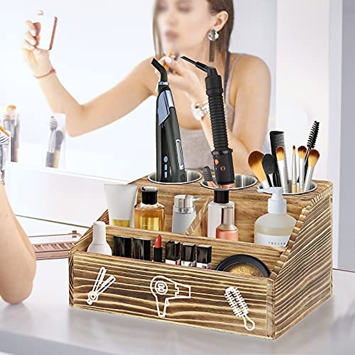 Rustic Hair Tool Organizer for Countertop, Wooden Hair Dryer and Styling Holder, Bathroom Countertop Blow Dryer Organizer, Wall Mounted Vanity Storage Stand for Accessories, Makeup, Toiletries