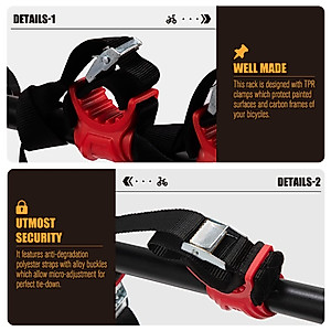 ASENDIWAY 6Pcs/Set Bike Rack Hitch Mount Bicycle Car Bike Rack Strap Replacement Cradles Cargo Carrier Spare Hooks with Rubber Straps 1-1/4"&2" Bike Rack PartsTruck Hitch Red&Black Tie-Down Straps