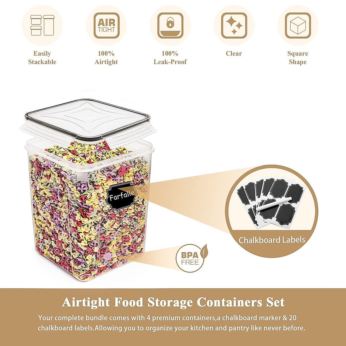 Large Food Storage Containers 5.2L /175oz, Wildone 4 Piece BPA Free Plastic Airtight Food Storage Containers for Flour, Sugar, Baking Supplies, Kitchen & Pantry Containers with 20 Labels