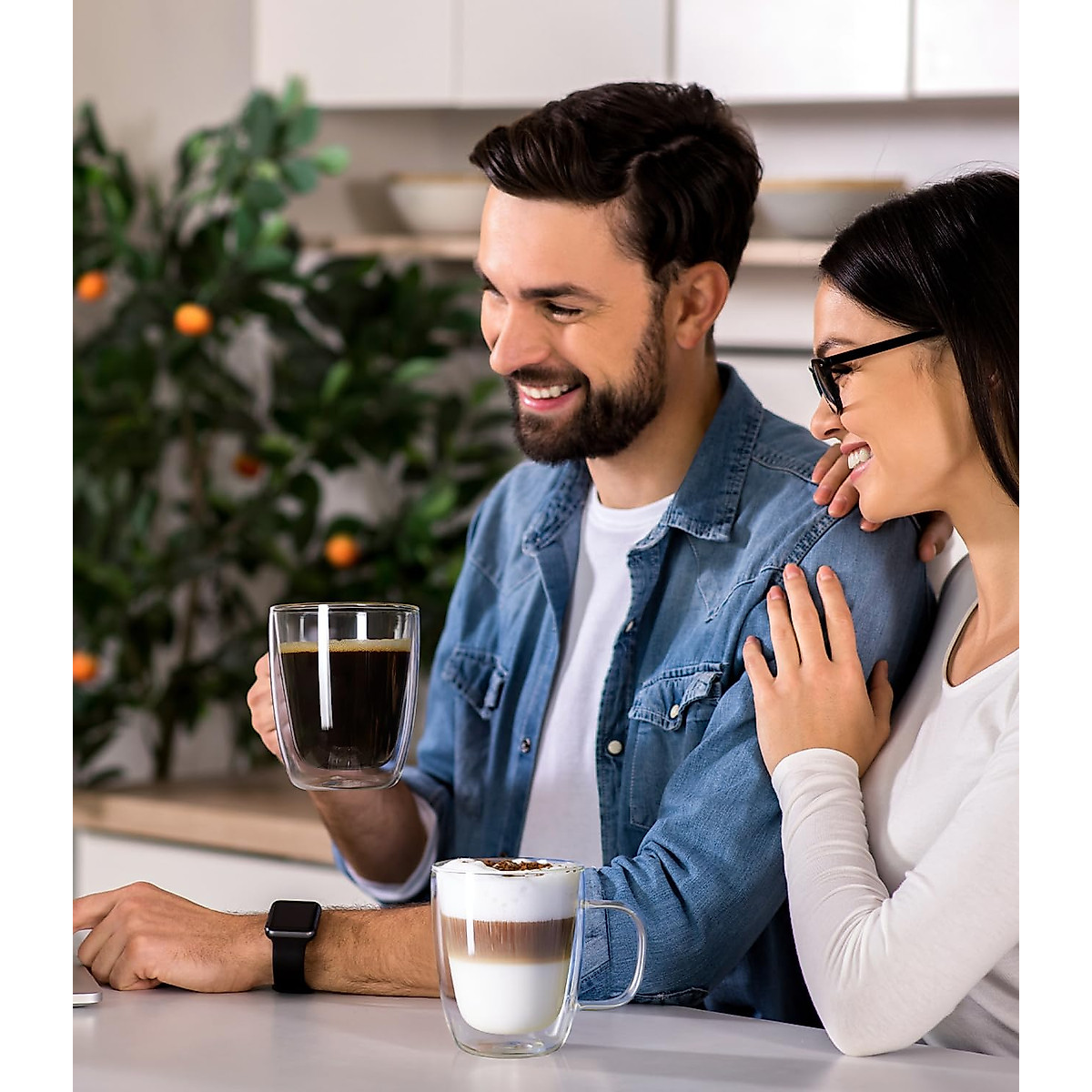 OJA Double Walled Coffee Mugs Set of 4-12.5oz Clear Coffee Cup with Handle for Cappuccino, Tea Bag, Latte Espresso Americano - Insulated, Heat Resistant Beverage Glasses Borosilicate Glass