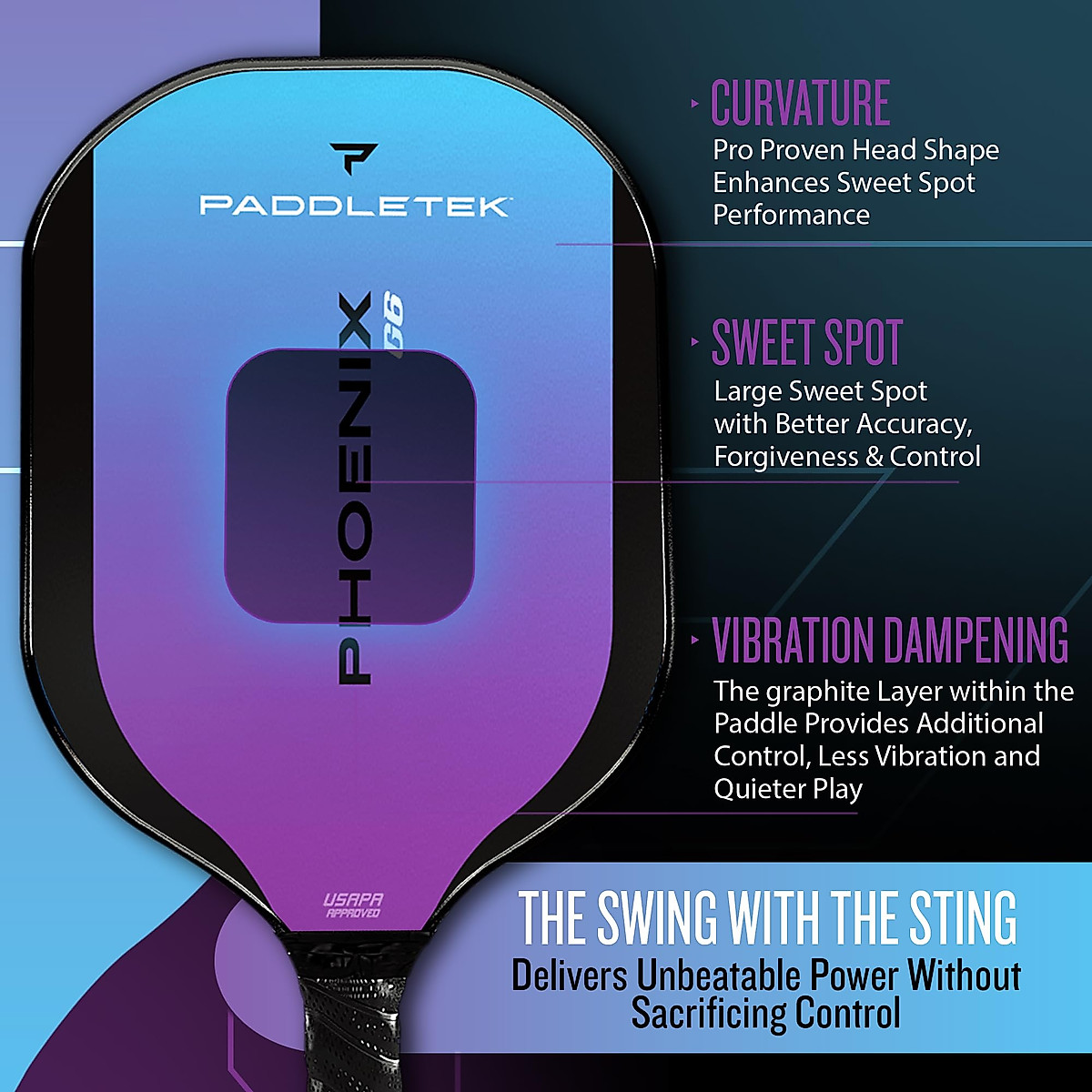 Paddletek Phoenix G6 Pickleball Paddle | Professional Pickleball Paddles with Honeycomb Core, Polycarbonate Surface, Graphite PolyCore & High Tack Performance Grip | USAPA Approved