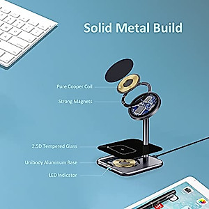 Aluminum 2 in 1 Magnetic Wireless Charger, Neluxfe Fast Charging Station Compatible with MagSafe Stand for iPhone 14, 13, 12, Pro Max and AirPods Pro (Black)