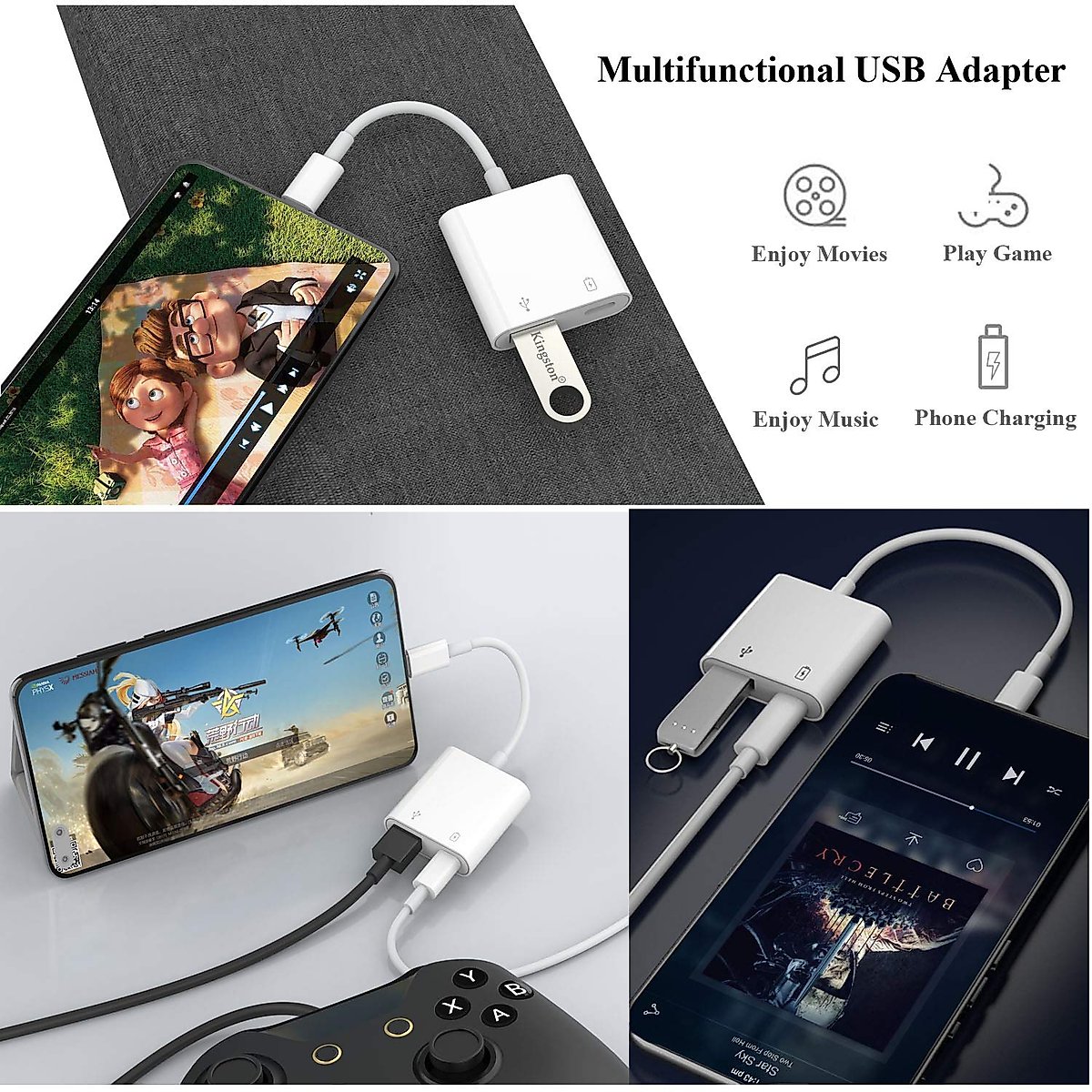 USB C OTG Adapter with Power, 2 in 1 USB C to USB Female with 60W PD Charging Adapter Compatible with iPhone 15/15Pro, iPad Pro, Galaxy S24/S23/S22/S21, Pixel 8/7/6, Google Chromecast with Google TV