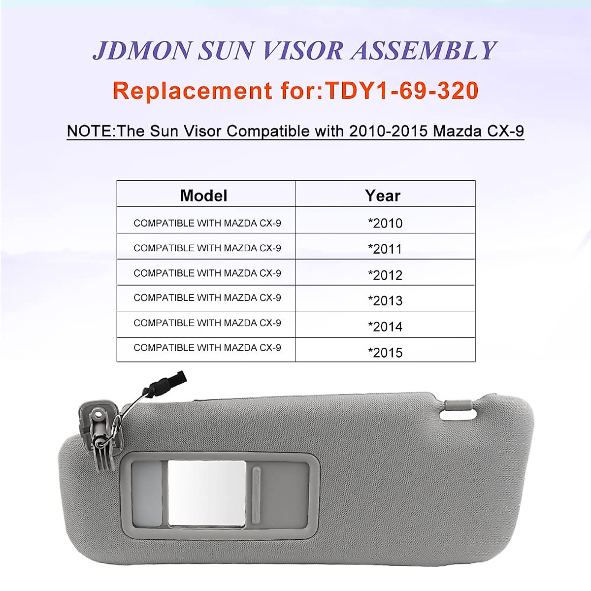 JDMON Compatible with Sun Visor Mazda CX-9 2010 2011 2012 2013 2014 2015 Left Driver Side Gray with Lamp Replaces TDY1-69-320