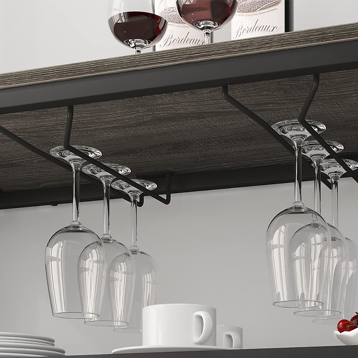 LVB Wine Rack Table, Liquor Bar Cabinet Freestanding Floor, Wooden Rustic Wine Storage with Wine Shelf and Glass Holder, Metal and Wood Modern Wine Cabinet for Home with Bottle Rack, Dark Gray Oak