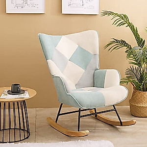 KGOPK Accent Rocking Chair, Mid Century Fabric Rocker Recliner Chairs with Wood Legs and Patchwork Linen for Livingroom Bedroom, Blue