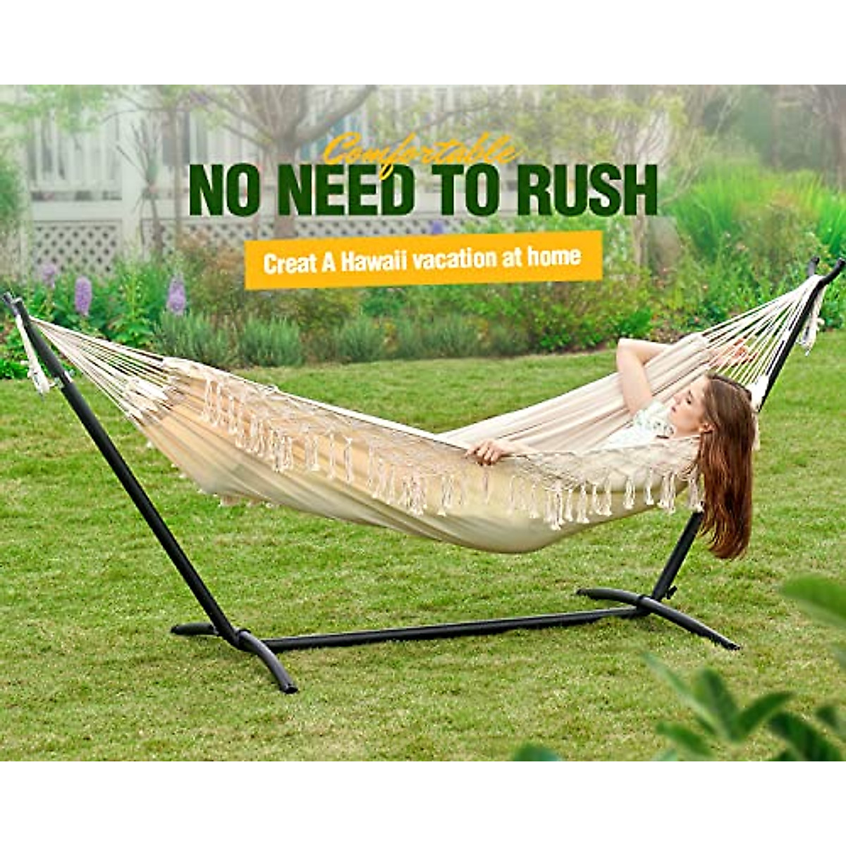 Zupapa 2 Person Hammock with Stand and Carrying Case, 550 Capacity, Portable for Living Room, Garden, Tassel Macrame White