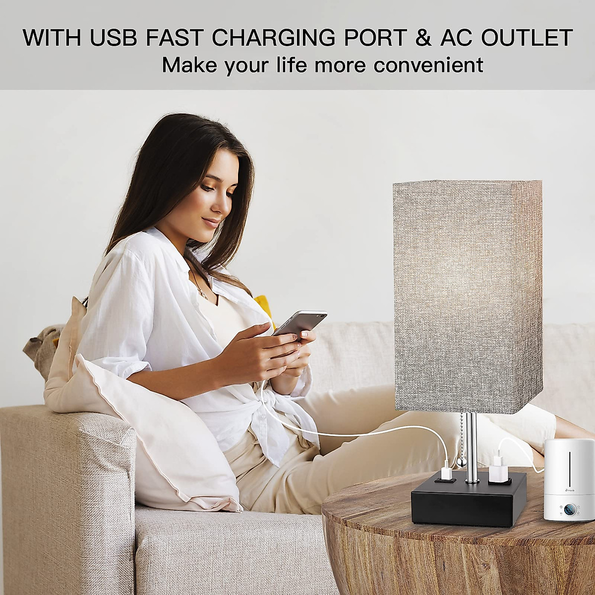 WIHTU 3-Color Temperature Bedside Lamp with USB Port and AC Outlet Table Lamps for Bedroom Lamps Nightstand Lamps with Grey Shade Black Metal Bed Lamp Small Desk Lamps for Living Room(Bulb Included)