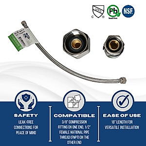 2 Pieces XFITTING 3/8" Comp x 1/2" FNPT Faucet Supply Hose Line, 18" Long, Braided Stainless Steel