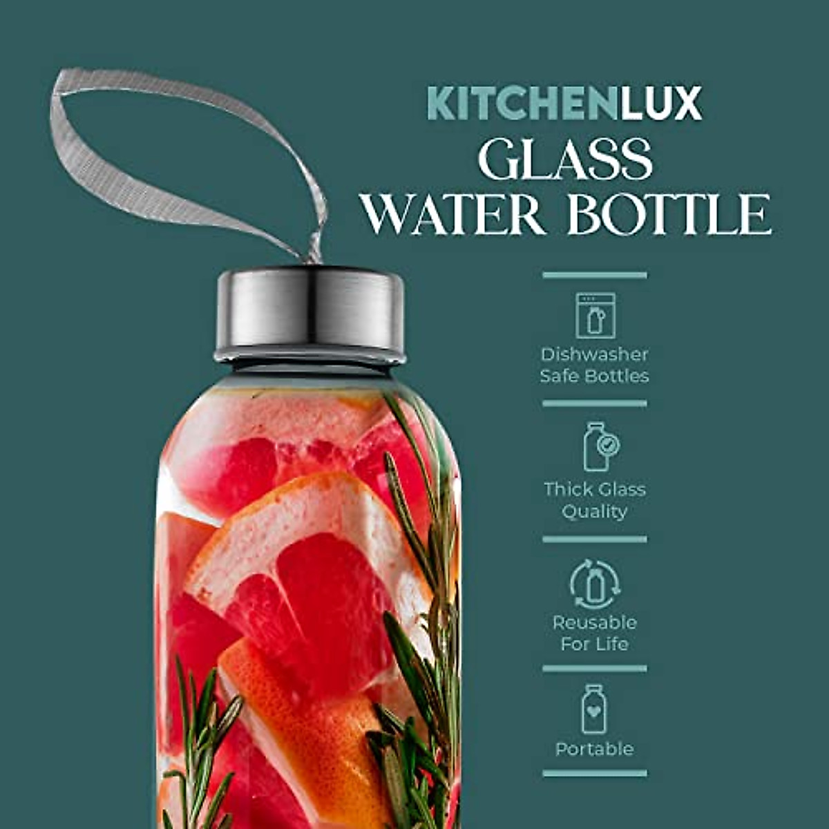 Kitchen Lux 32 oz Glass Water Bottle Set of 4 - Glass Water Bottles Caps & Sleeve, Reusable Glass Bottle Lids, Clear Glass Bottles, Refillable Glass Juice Bottles for Juicing, Juicer Bottles