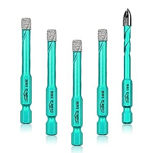 LEKOMESH Porcelain Tile Diamond Drill Bits, 4pcs 6mm Quick Change Shank Diamond Core Drill Bits with 1pc 6mm Carbide Masonry Drill Bit for Tile Ceramic Marble Granite Stone