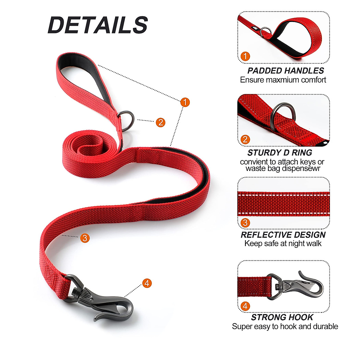 TwoEar 5FT 1IN Strong Red Dog Leash with 2 Padded Handles, Traffic Handle Extra Control, Comfortable Soft Dual Handle, Auto Lock Hook, Reflective Walking Lead for Small Medium and Large Dogs