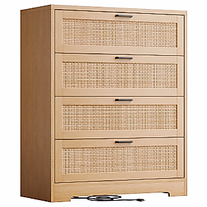 GarveeHome 4 Drawer Dresser Rattan Dresser, Tall Chest of Drawers, Wood Dresser for Bedroom, Closet, Living Room, Hallway