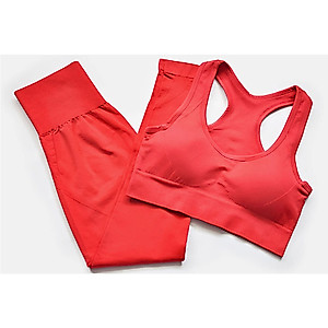 Hotexy Women's Workout Outfit 2 Pieces Seamless Yoga Leggings with Sports Bra Gym Clothes Set, A Lucky Red, Small
