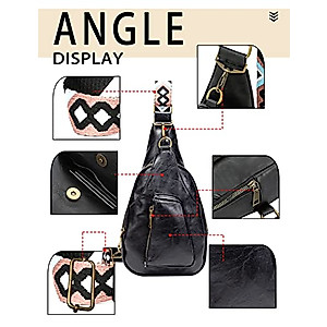 Ocahuel Women Sling Bags Crossbody Chest Bag Purse Leather Wide Guitar Strap Satchel Daypack Retro Shoulder Backpack Travel Hiking Black