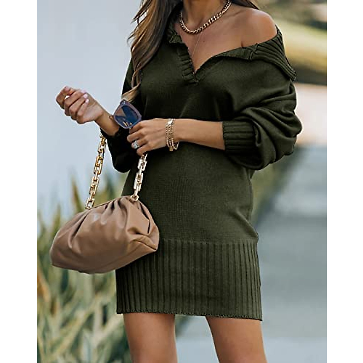 BTFBM Women Casual V Neck Knit Mini Fall Sweater Dresses Long Sleeve Loose Fit Solid Color Ribbed Pullover Jumper Sweaters(Solid Army Green, Large)