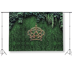 KUKUSOUL 5x3ft Crown Backdrop Gold Glitter Crown Green Leaf Photography Background Celebration Party Decoration Supplies Cake Table Banner Photo Booth Prop KUBYC404