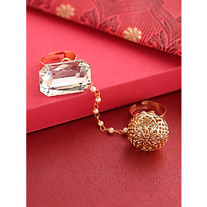 Priyaasi White & Gold Ring for Women in Dual Finger Design | Stone Studded | Pearl Bead Chain | Plating of Gold | Brass Metal | Big Size | Adjustable Ring for Girls - for Wedding & Party