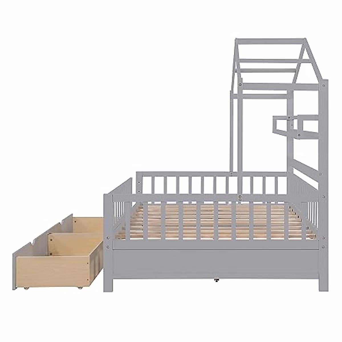 WADRI Full Size House Bed with 2 Drawers and Shelf, Wood House Bed Frame with Roof Design and Safety Guardrail, Montessori Bed for Girls Boys Bedroom, Can be Decorated (Gray + Wood-A32)