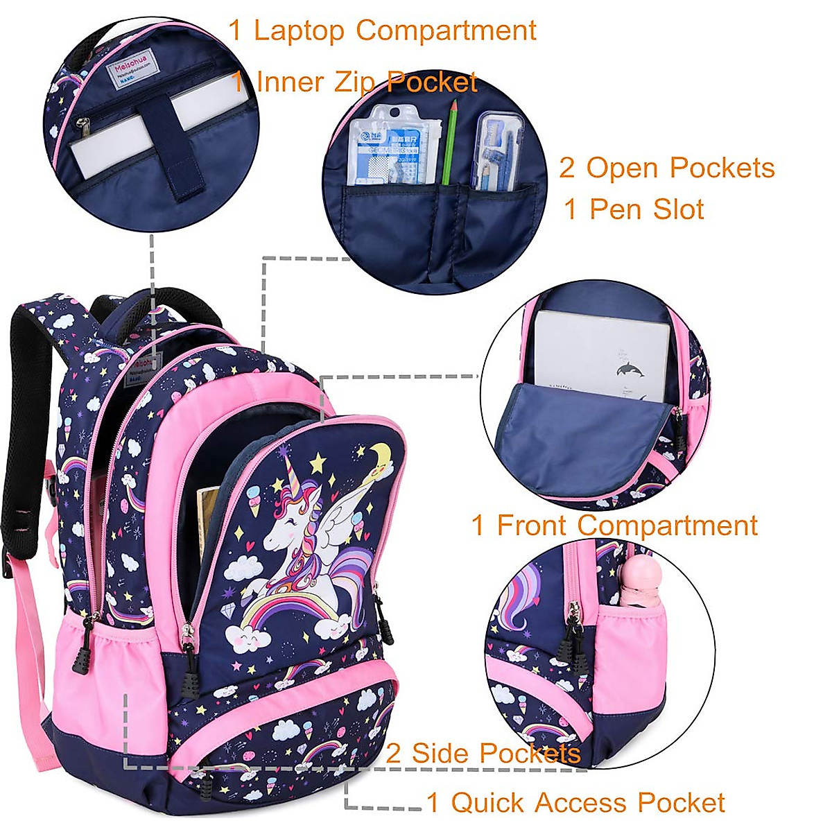 Meisohua Girls Unicorn Backpack Set - 3 IN 1 Waterproof School bag with Lunch Bag and Pencil Case for Preschool Elementary Kids