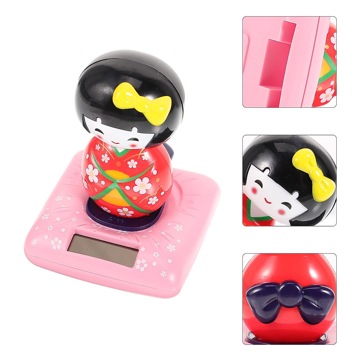 Amosfun Solar Powered Bobble Shaking Head Dancing Toy Japanese Kokeshi Doll Figurines Statues Car Dash Board Decorations Red