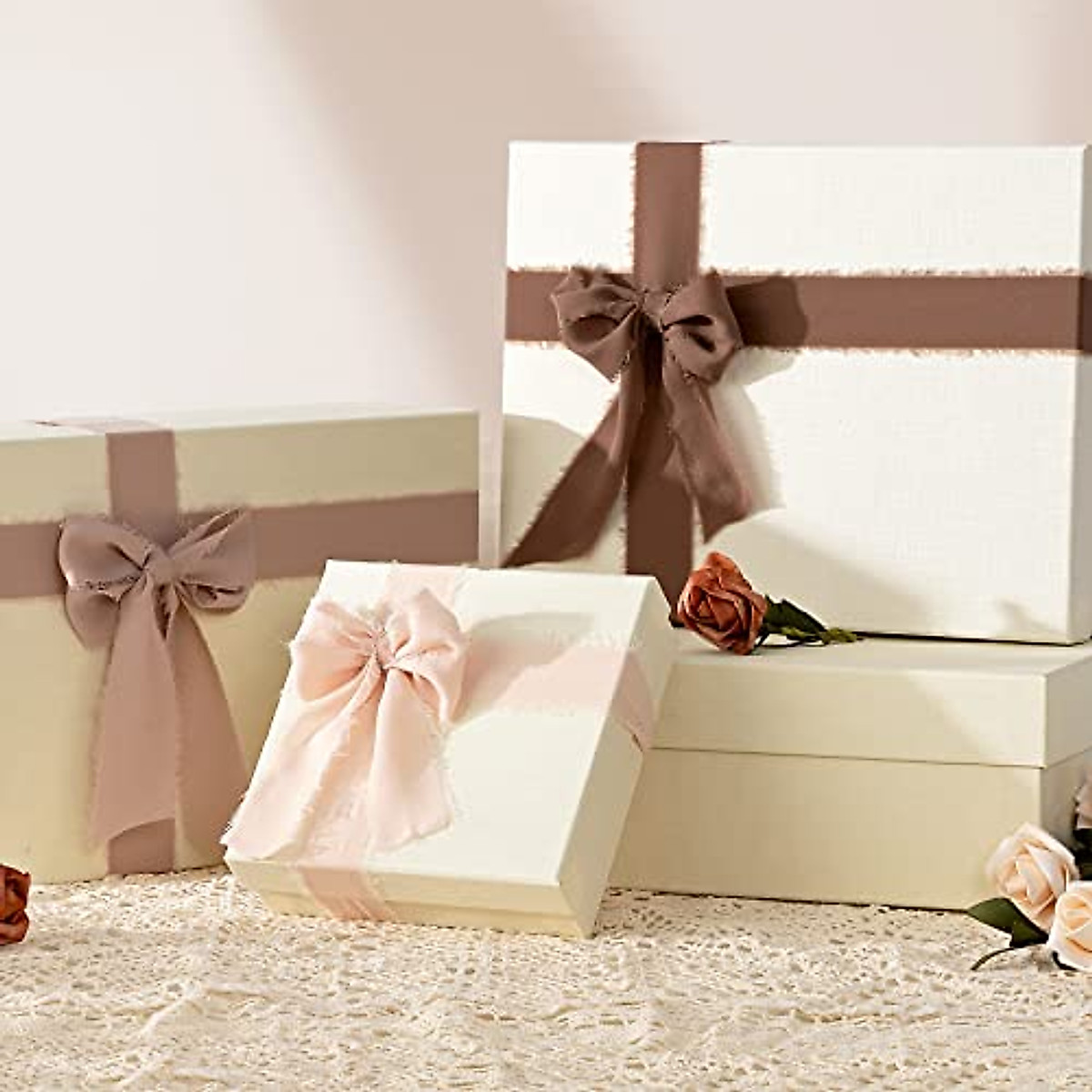 JEDIA Chiffon Ribbon, 3 Rolls Brown Handmade Fringe Chiffon Silk Ribbons, 1.5" x 7Yd Ribbon Set for Gift Wrapping, Wedding Invitations, Bouquet Wrap, Bridal Bouquets, DIY Crafts