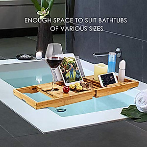 Bathtub Caddy Tray, Bamboo Bath Tray Table Extendable Reading Rack Tablet Phone Holder Wine Glass Holder Shelf Desk Bathroom Spa