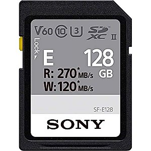 Sony E series SDXC UHS-II Card 128GB, V60, CL10, U3, Max R270MB/S, W120MB/S (SF-E128/T1), SFE128/T1,Black,Small