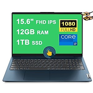 Lenovo IdeaPad 5 Business 15 Laptop 15.6" FHD IPS Touchscreen 11th Gen Intel 4-Core i7-1165G7 12GB RAM 1TB SSD Fingerprint Backlit Keyboard USB-C Dolby Win10 Blue + HDMI Cable