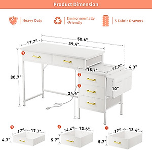 YILQQPER Vanity Desk without Mirror, Makeup Vanity with 5 Fabric Drawers, White Vanity Desk Dressing Vanity Table with Charging Station, 50 Inch Large Girl Vanity, Desk Make Up Vanity for Girls, White