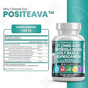 Clean Nutraceuticals St Johns Wort 10000mg Rhodiola Rosea 20000mg Holy Basil 3000mg Ashwagandha 6000mg - Mood Support for Women and Men with Vitamin C & Black Pepper Extract - 90 Caps