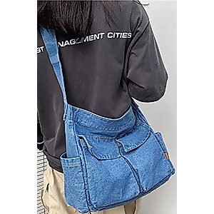 Single Color Denim Canvas Handbag Cross Body Shoulder Purse Bag Tote-Handbag with Pockets Daily Use Large Capacity for Women