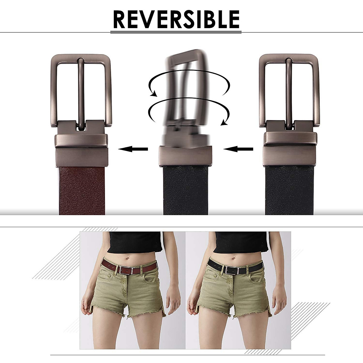 XZQTIVE Reversible Leather Belts for Women with Rotated Metal Buckle Fashion Women Belts(1 Pcs Black/Brown)