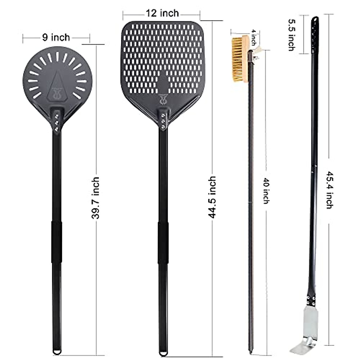 SHANGPEIXUAN PizzaTurning Peel 9 Inch Perforated Pizza Peel and Pizza Brush Ash Rake 4 Piece Wood Fired Commercial Pizza Oven Utensil Kit with 40-Inch Aluminum Handle …