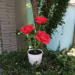 Penfly LED Solar Power Decorative Artificial Rose Flower Pot Plant Landscape Light Night Lamp Outdoor Garden Yard Pathway Lawn Grassland Red