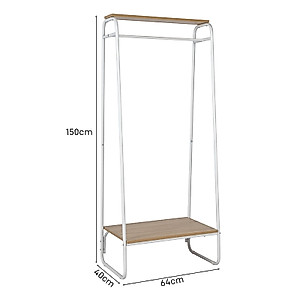 Karl home Clothes Rack Clothing Rack, Freestanding Garment Rack Coat Drying Stand with Wood Shelf Hanging Rod for Bedroom Bathroom Laundry Livingroom Office, White Metal Frame Oak Board 2-Tier