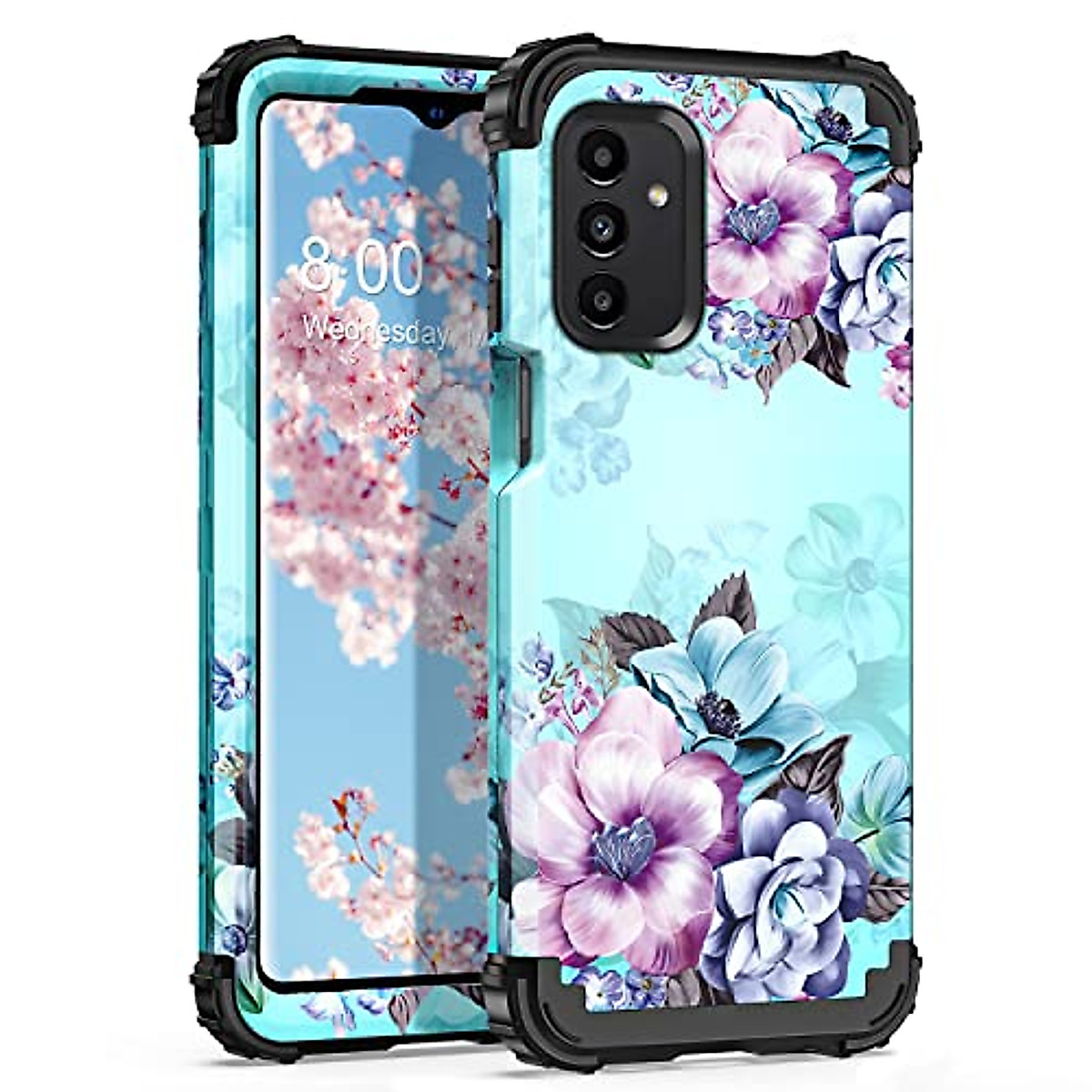 Casetego Compatible with Galaxy A13 5G Case,Floral Three Layer Heavy Duty Sturdy Shockproof Full Body Protective Cover Case for Samsung Galaxy A13 5G,Blue Flower
