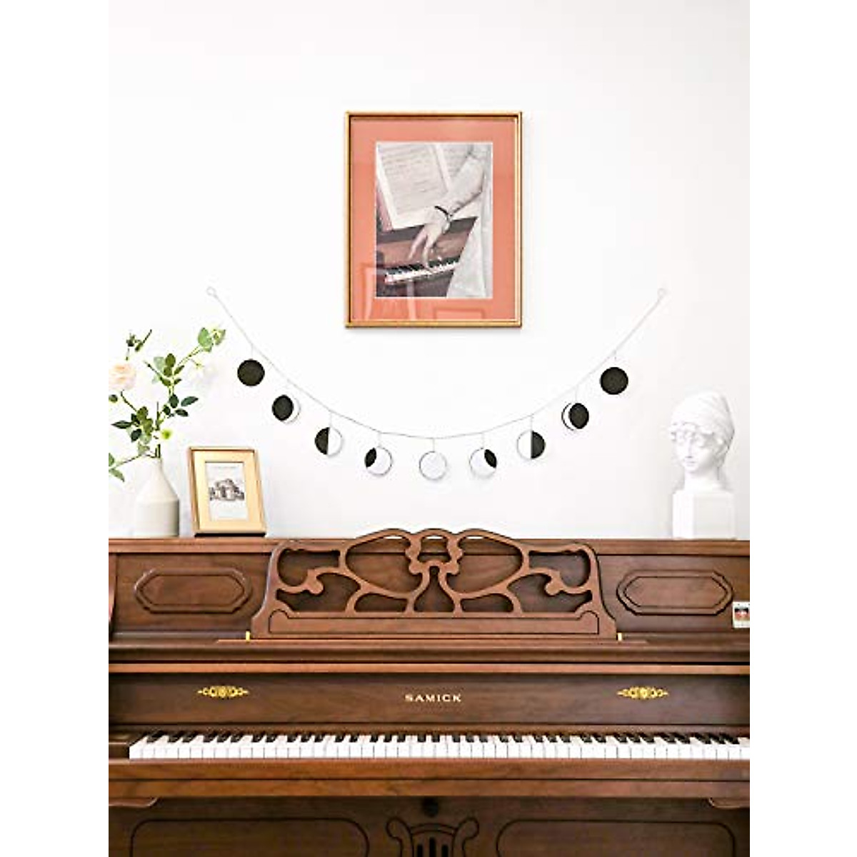 Mkono Moon Phase Wall Hanging Boho Home Decor Metal Garland with Wooden Moons Art Chic Gift Window Dorm Nursery Bedroom Living Room Apartment Office Decorative Ornaments, Silver