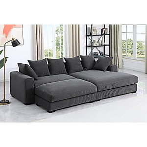 DREAMODERN 109.75'' Sectional Sofa Couch with Removable Ottoman, Luxury Upholstered Sofa Corduroy Fabric Couch with Chaise Lounge 6 Pillows for Living Room Home Office - Drak Gray