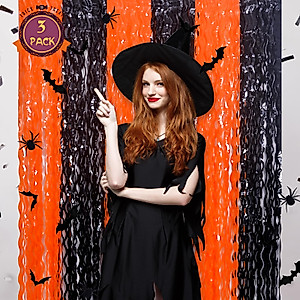 Mega-L Halloween Foil Fringe Curtains, 3 Pack Orange Black Photo Booth Props, 18 Pcs PVC Bat and Spider Stickers Decals Wall Decor Halloween Photo Backdrop for Halloween Party Decoration